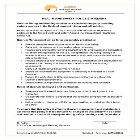 QMRS OSH 01 Health and Safety Policy | PDF