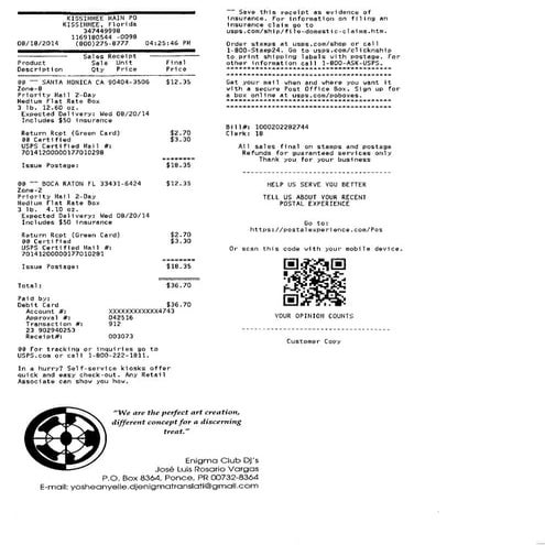 USPS Santa Monica, CA; Boca Raton, FL Receipt | PDF