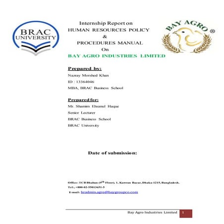 Human Resource Manual of Bay Agro for BRACU Internship | DOCX