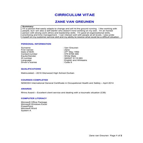 CV - Zane van Greunen ( October 2015) | PDF