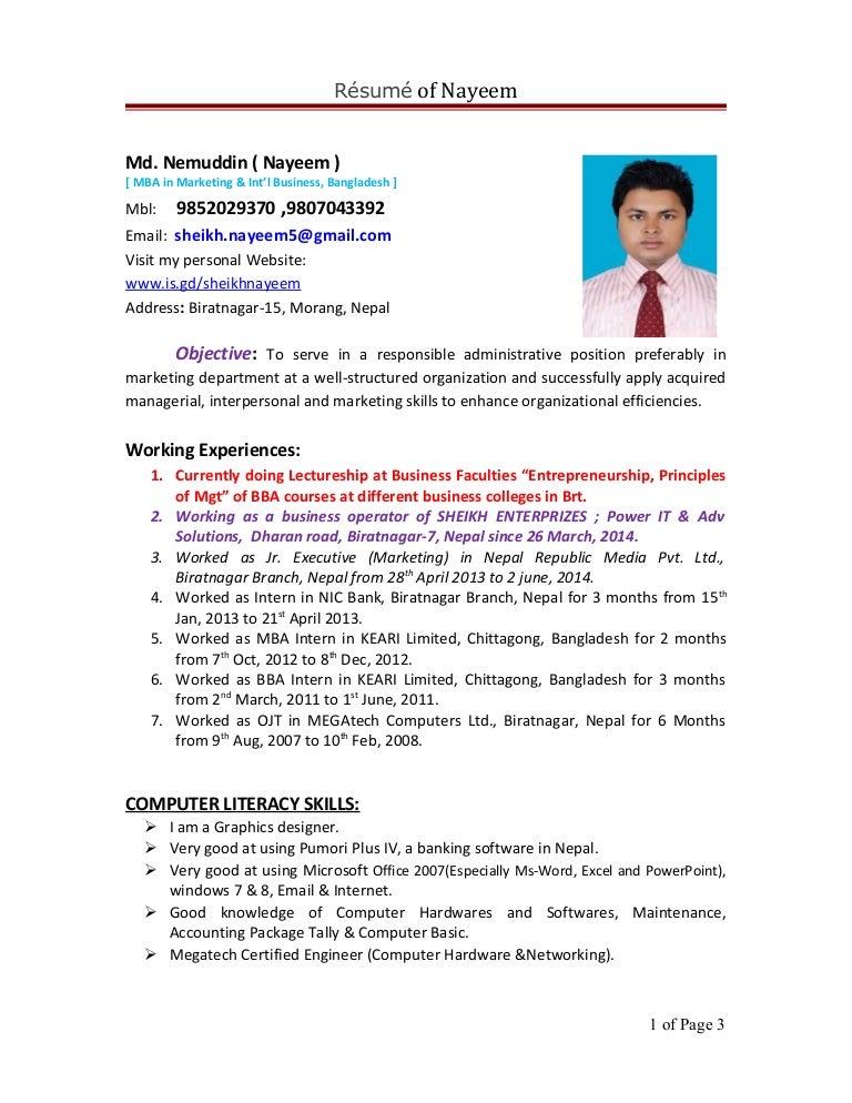 Resume of Sheikh Nayeem for Co
