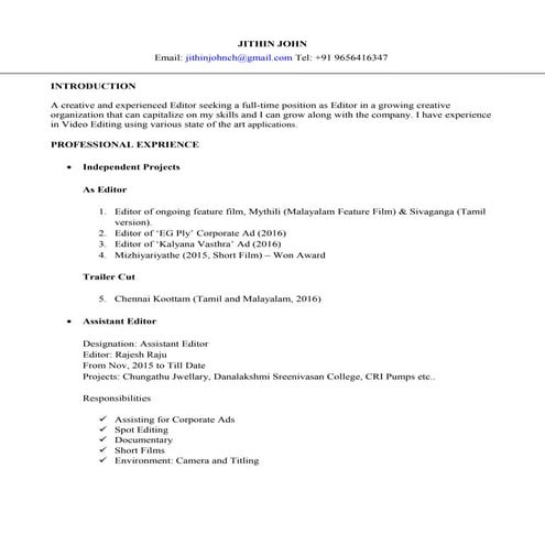 Jithin John _ Editor _ 3 Years Exp _ CV | DOC
