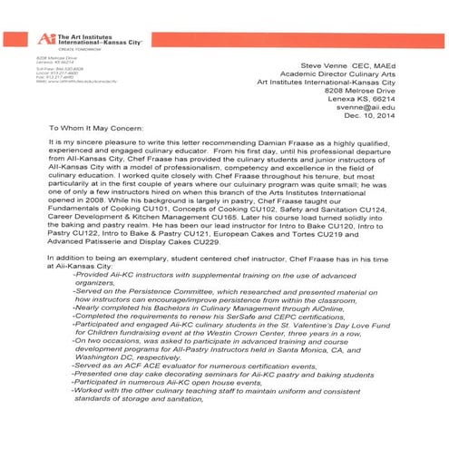 Chef Venne Letter of Recommendation | PDF
