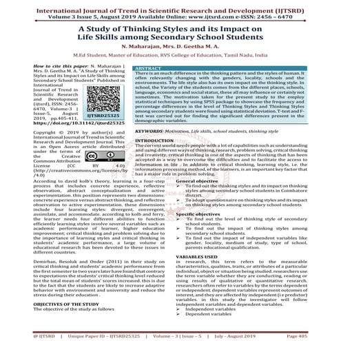A Study of Thinking Styles and its Impact on Life Skills among ...