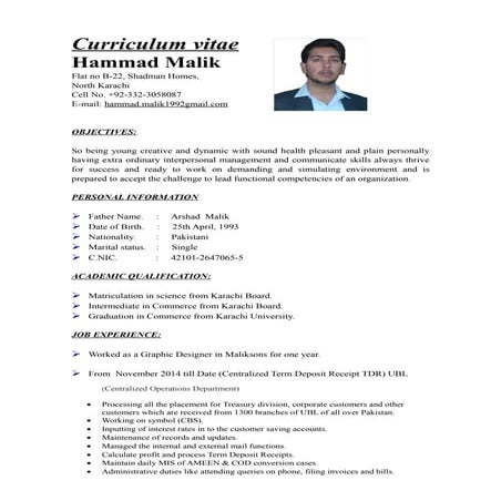 Cv of HAMMAD (1) | DOC | Business | Business and Finance