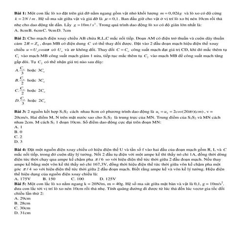 70 bài tập trắc nghiệm lý hay và khó, có đáp án | PDF