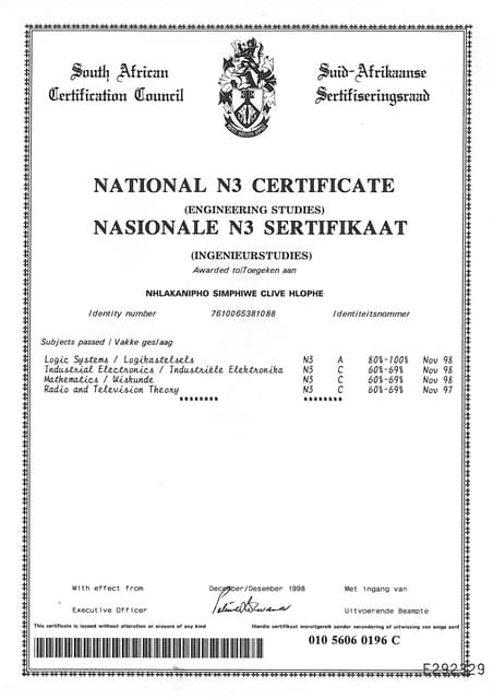 ANU Bachelor's degree certificate B.BIT