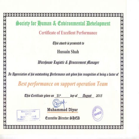 Certificate of Excellent Performance from SHED | PDF
