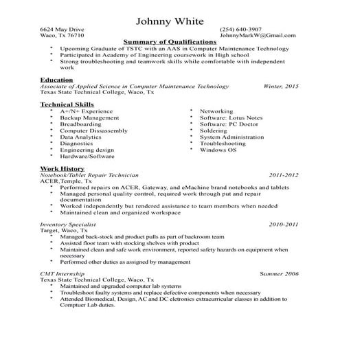 Johnny White - Resume2 | DOC