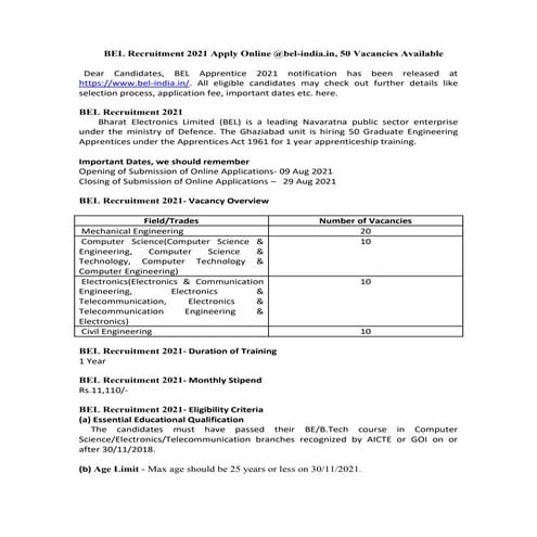 BEL Recruitment 2021 Apply Online @bel-india.in, 50 Vacancies Available ...