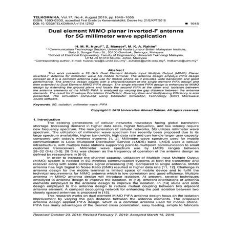 Dual element MIMO planar inverted-F antenna for 5G millimeter wave application | PDF