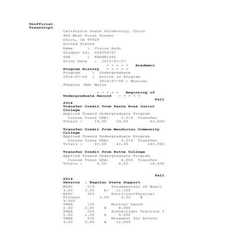 Unofficial Transcript-Chico State | DOCX