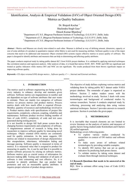 Identification Analysis And Empirical Validation Iav Of Object Oriented Design Oo Metrics As