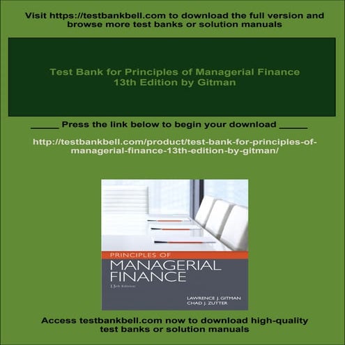 Test Bank for Principles of Managerial Finance 13th Edition by Gitman | PDF