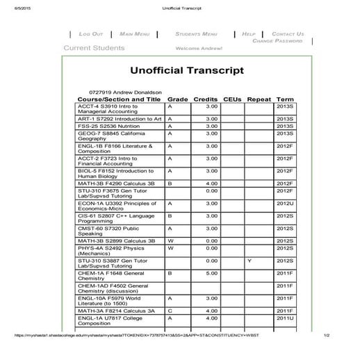 Unofficial Transcript | PDF