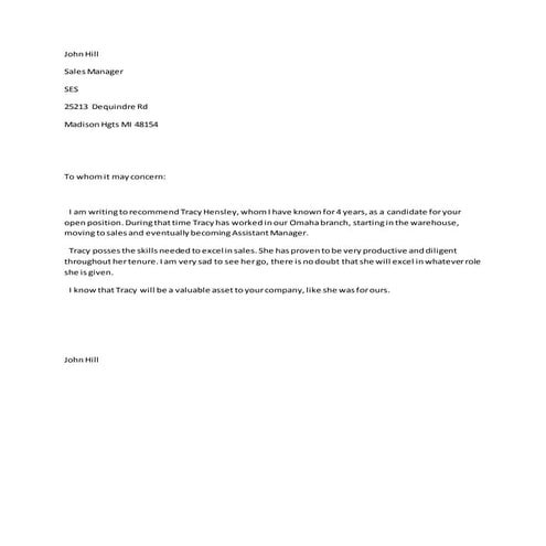 Letter of Recommendation Sales Manager | DOCX