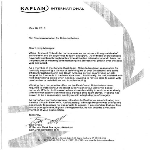 Roberto Beltran Recommendation Letter | PDF