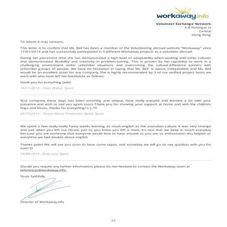 Jade Bell Workaway Reference | PDF