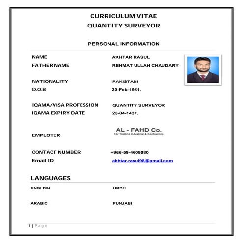CV QS AKHTAR RASUL | PDF | Civil Engineering Industry | Industries