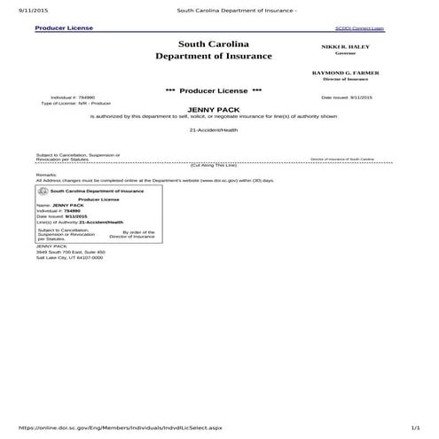 South Carolina Department of Insurance License- | PDF