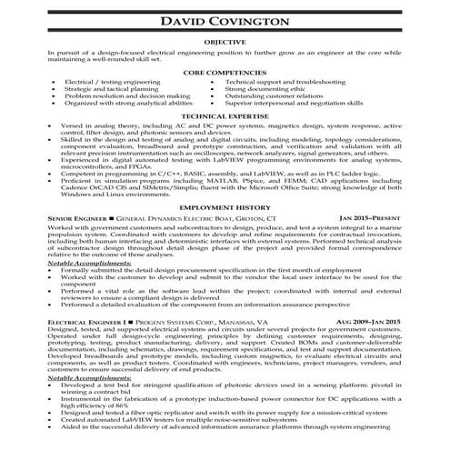 Manufacturing and Electrical Technician resume | DOC