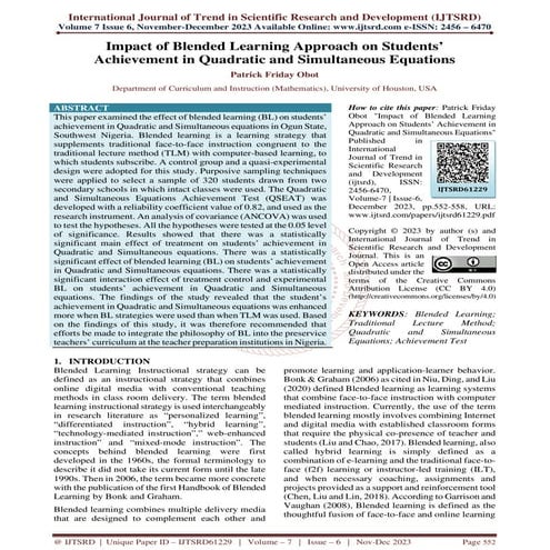 Impact of Blended Learning Approach on Students’ Achievement in Quadratic and Simultaneous ...