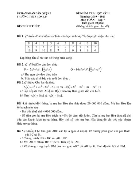Đề Thi HK2 Toán 7 - THCS Bình Chiểu | PDF