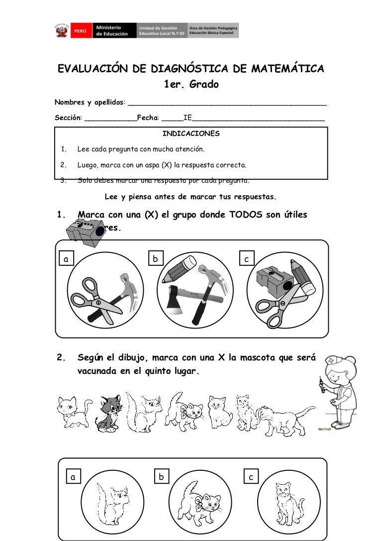 EVALUACIÓN DIAGNÓSTICO de Matemática- 1° grado