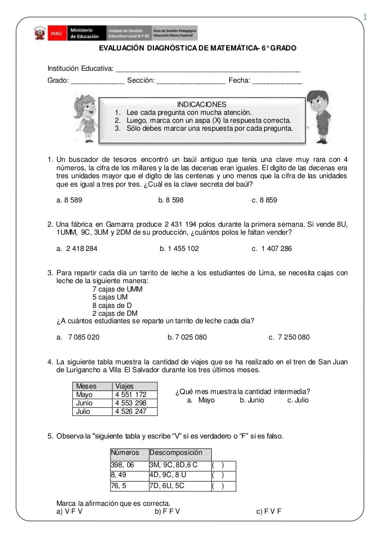 EXAMEN DIAGNÓSTICO-6° grado de Matemática.