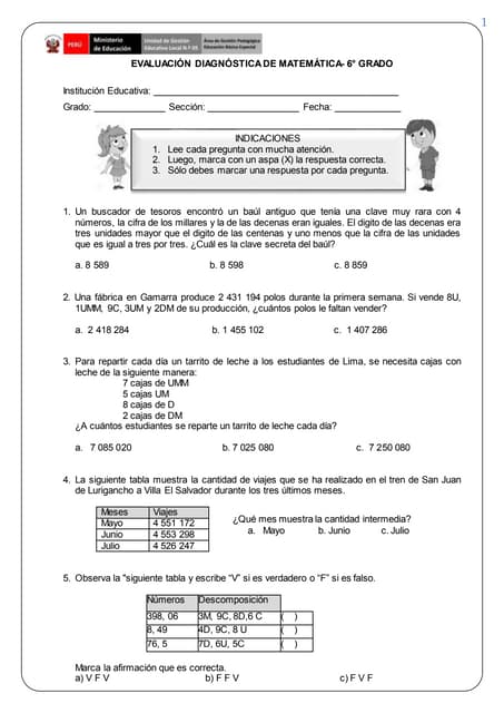 Prueba de matemática 6to grado. | PDF