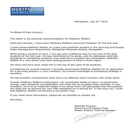 Letter of Recommendation (Sourcing) - Matthieu Malfart | PDF