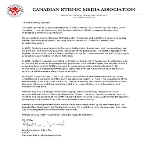 Madeline Ziniak reference letter | PDF