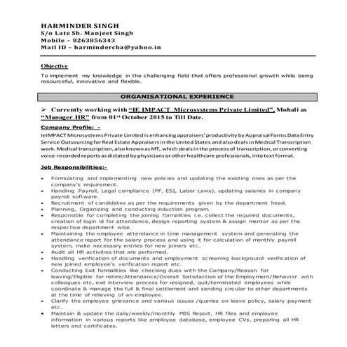 RESUME FOR HR PROFILE | DOCX