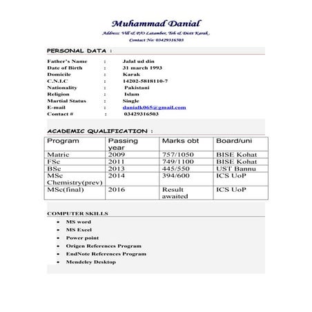 M.danial CV | DOC | Islam | Religion & Spirituality