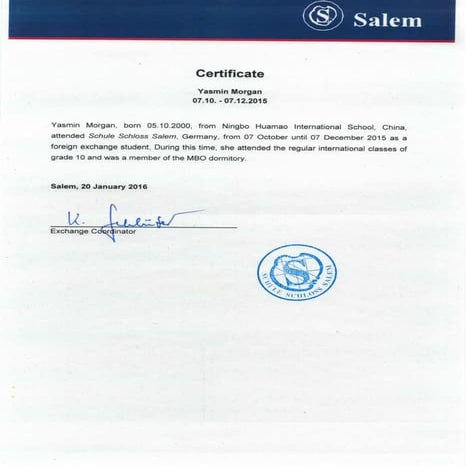 exchange certificate Yasmin Morgan | PDF
