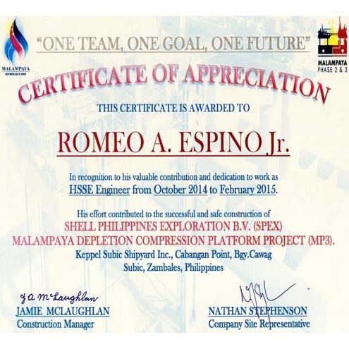 Shell Malampaya Certificate | PPT