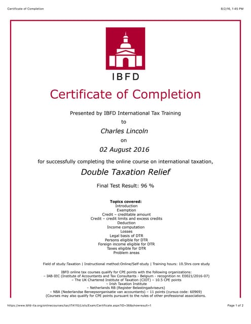 Business Profits Certificate of Completion | PDF