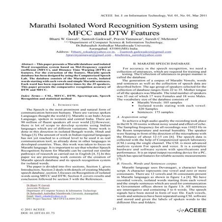 Marathi Isolated Word Recognition System Using Mfcc And Dtw Features Pdf