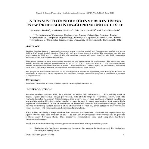 A BINARY TO RESIDUE CONVERSION USING NEW PROPOSED NON-COPRIME MODULI SET | PDF
