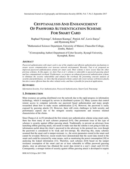 Cryptanalysis And Enhancement Of Password Authentication Scheme For