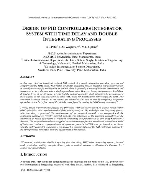 Design Of Pid Controllers Integrator System With Time Delay And Double Integrating Processes Pdf