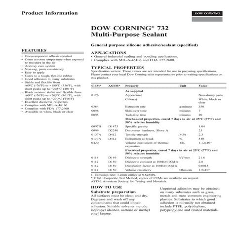 Dow Corning 732 Multi-Purpose Silicone Sealant Product Info | PDF
