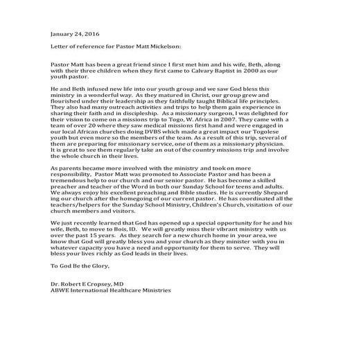 Reference Letter Pastor Matt | DOCX