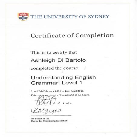 Certificate of Completion - Understanding English Grammar Level 1 | PDF