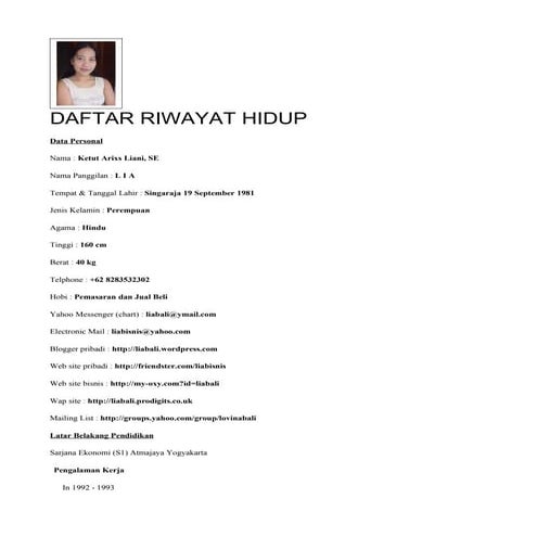 Daftar Riwayat Hidup Lia | PDF