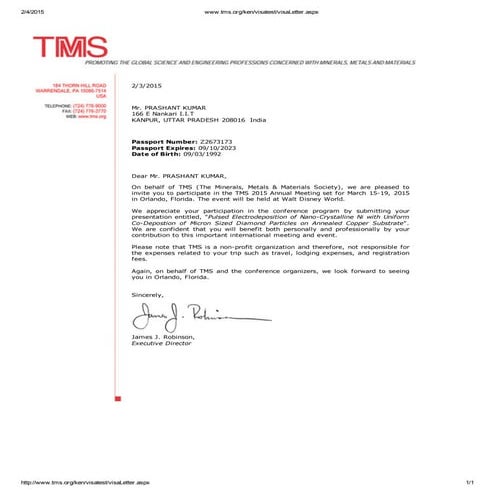 TMS'15 CONFERENCE VISA INVITATION LETTER | PDF