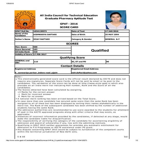 GPAT Score Card | PDF