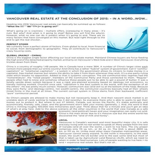 Vancouver Real Estate at the Conclusion of 2015 Newsletter | PDF