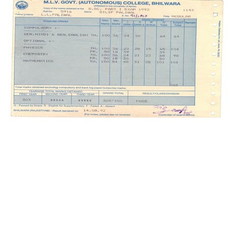 BSc Part 1 Bhilwara Marks Sheet | PDF
