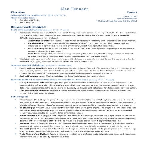 Alan Tennent Resume 2016 | DOCX | Programming Languages | Computing